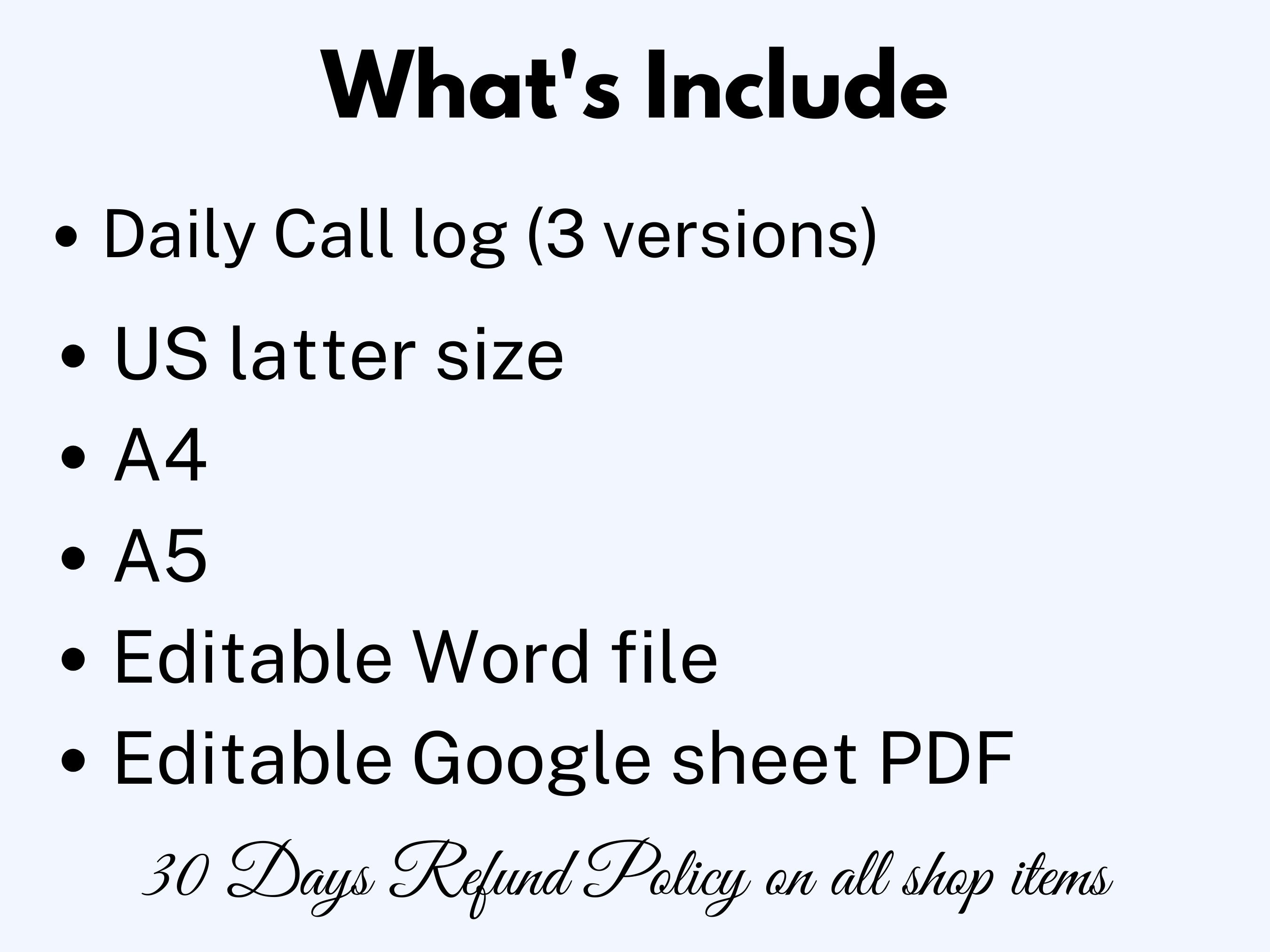Printable Daily Call Log, Communication Log, Call Back Tracker, Missed ...