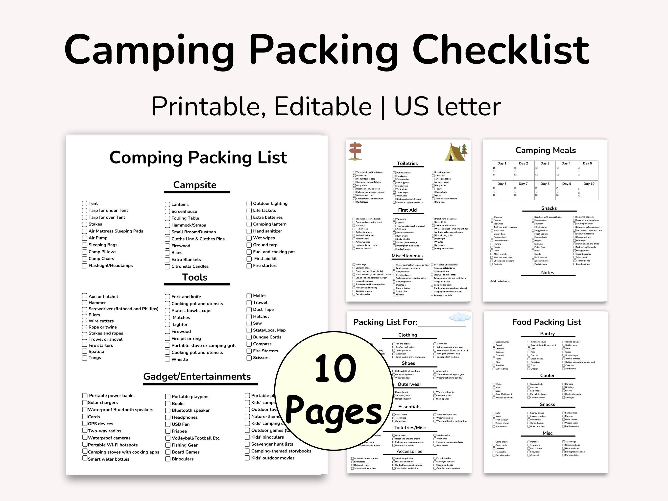 Camping Packing List Printable, Camping Checklist PDF, Editable Travel ...