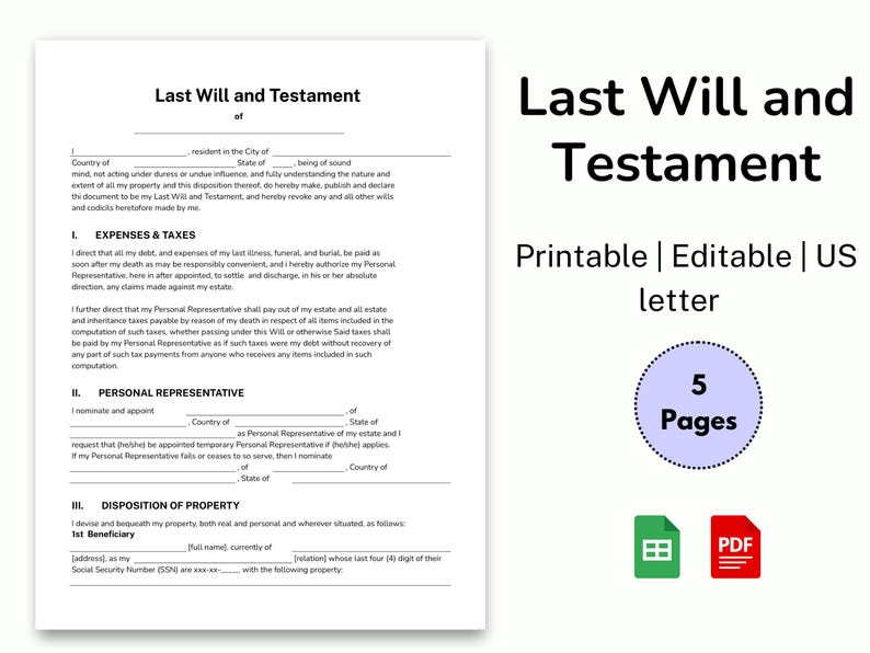 Editable Last Will and Testament, End of Life Planner PDF, Funeral ...