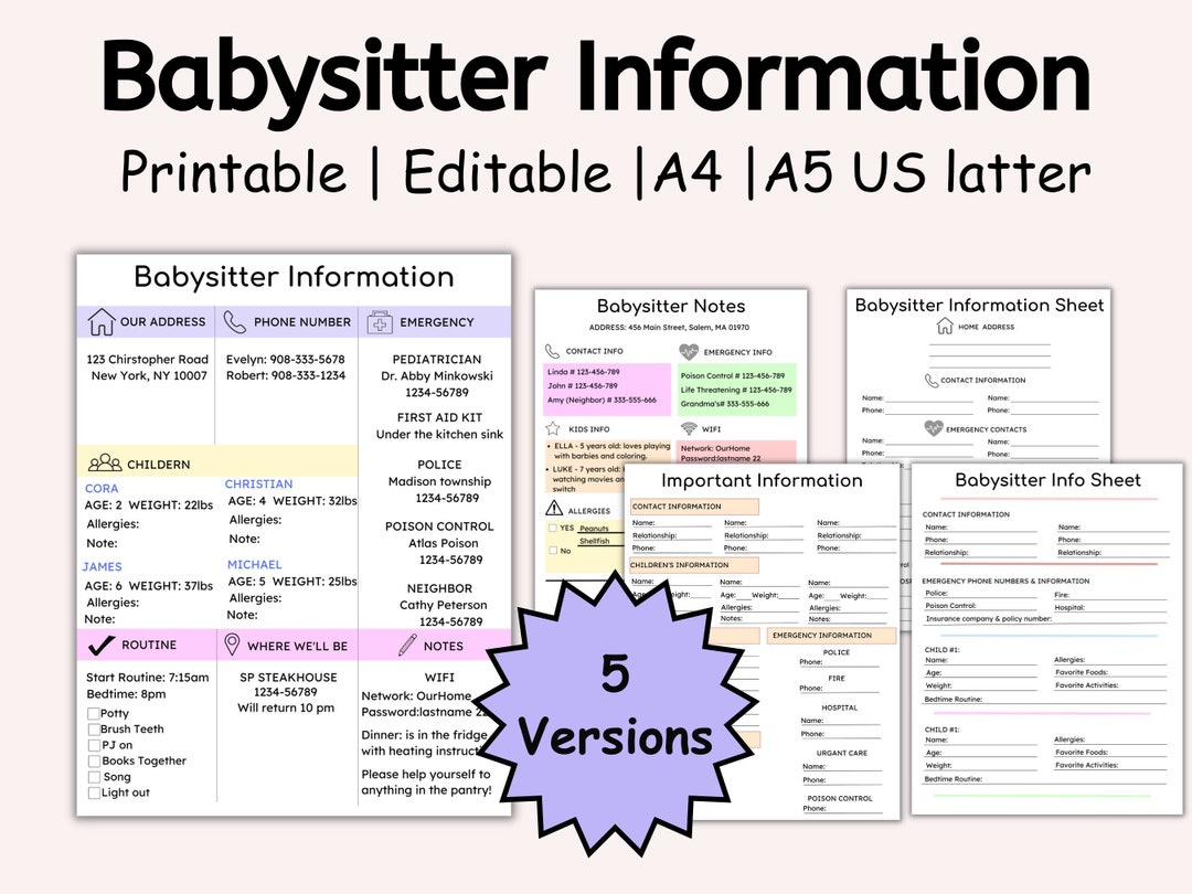 BABYSITTER Information Sheet Printable, BABYSITTER Binder, Nanny Binder ...