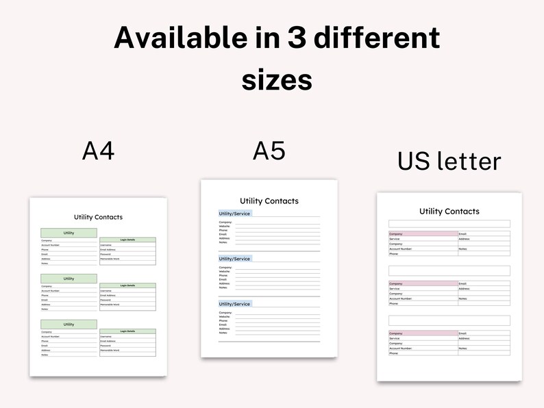 Printable Utility Contacts Template, Utility Service Address Book ...