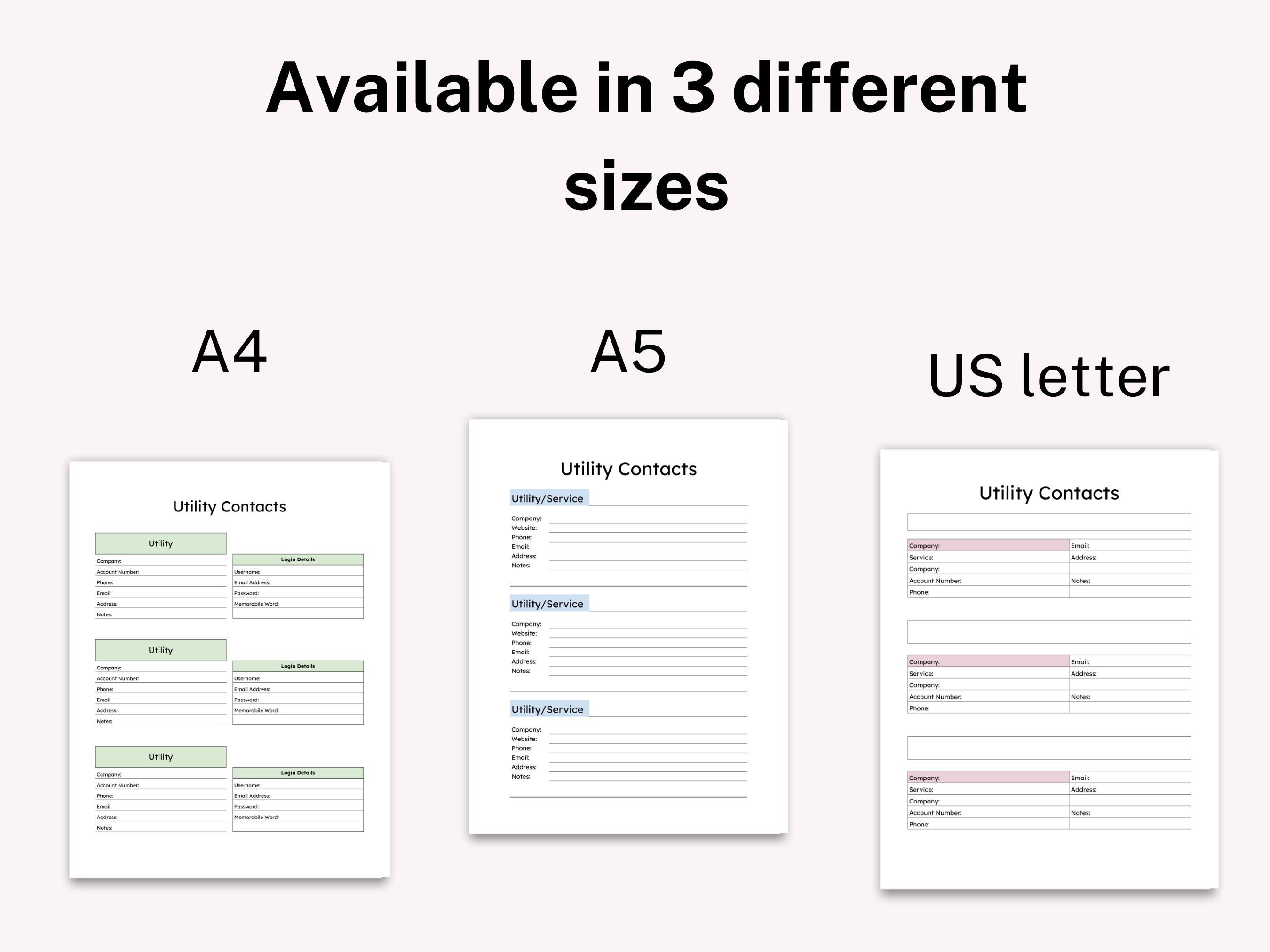 Printable Utility Contacts Template, Utility Service Address Book ...
