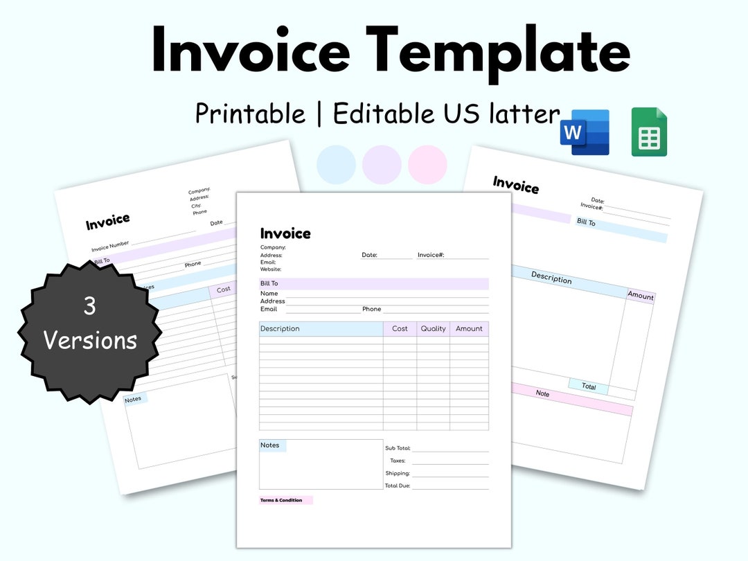 Service Invoice Template, Editable Simple Invoice Form, Small Business ...