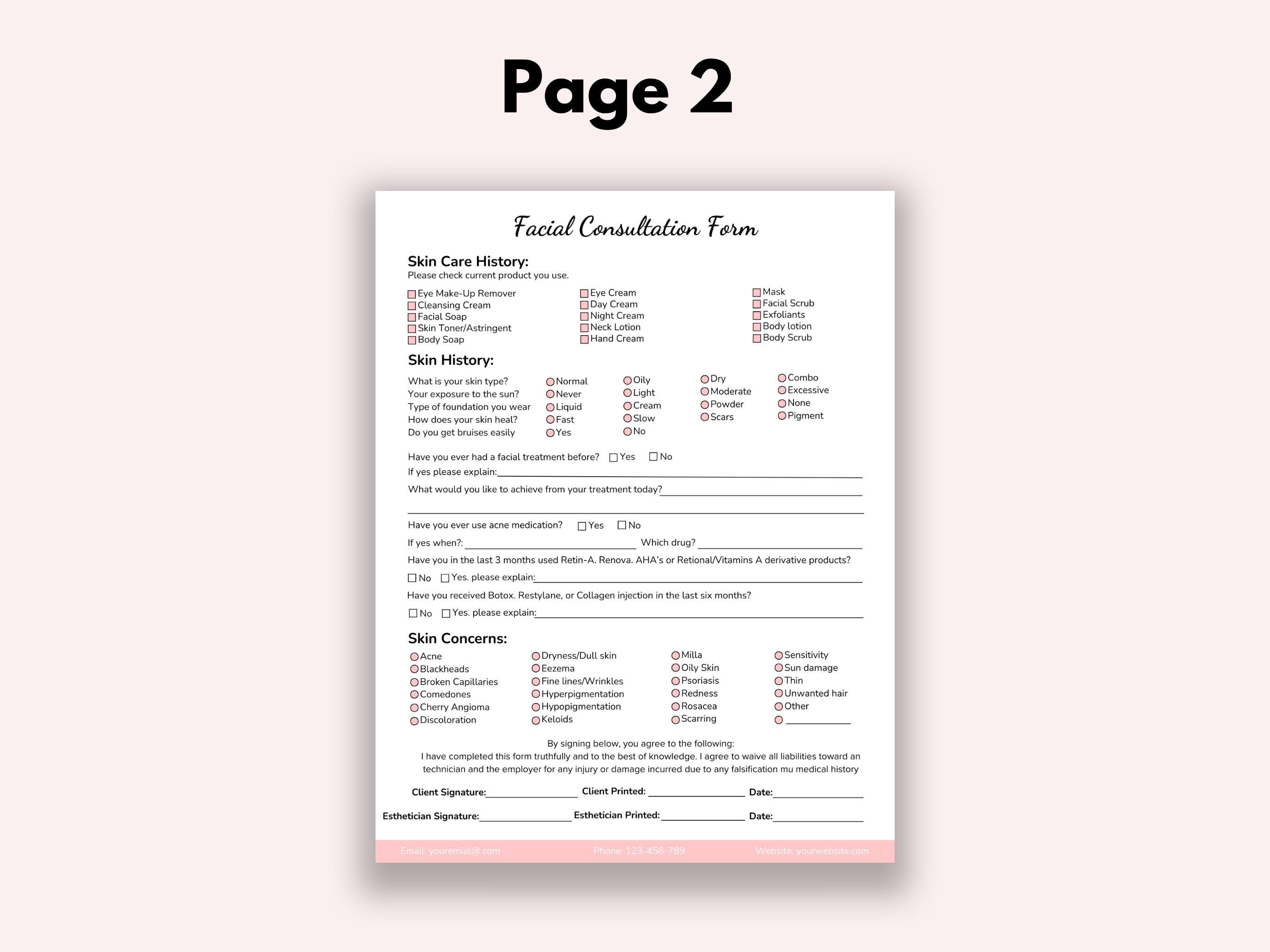 EDITABLE Facial Consultation Form, Facial Intake Form, Facial Treatment ...