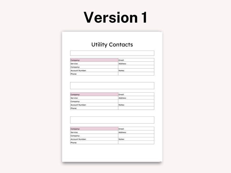Printable Utility Contacts Template, Utility Service Address Book ...