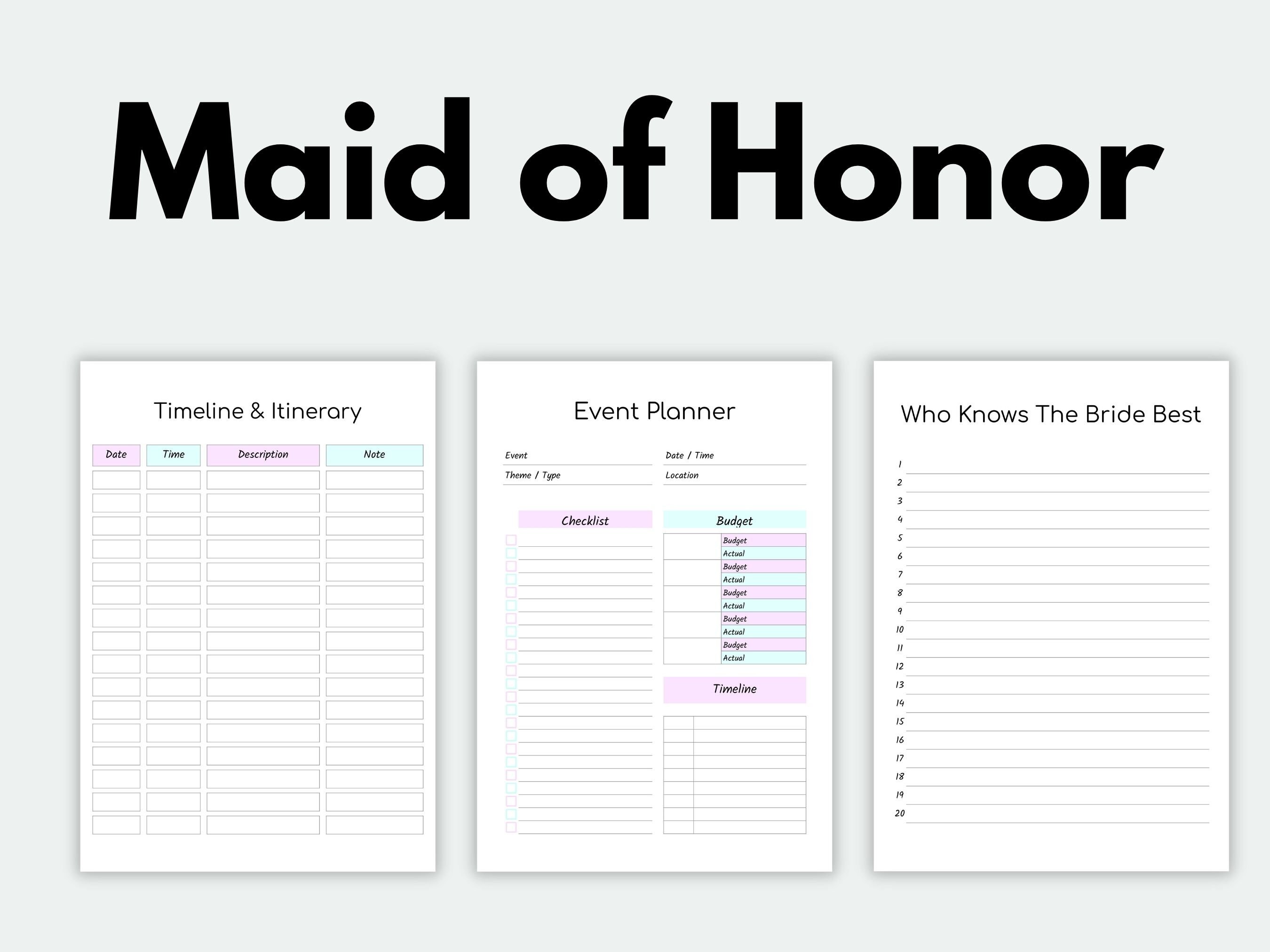 Maid of Honor Planner Printable, 60pg Matron of Honor Wedding Planner ...