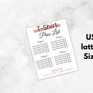 Editable TSHIRT Price List Template, Shirt Order Form, Printable Price ...