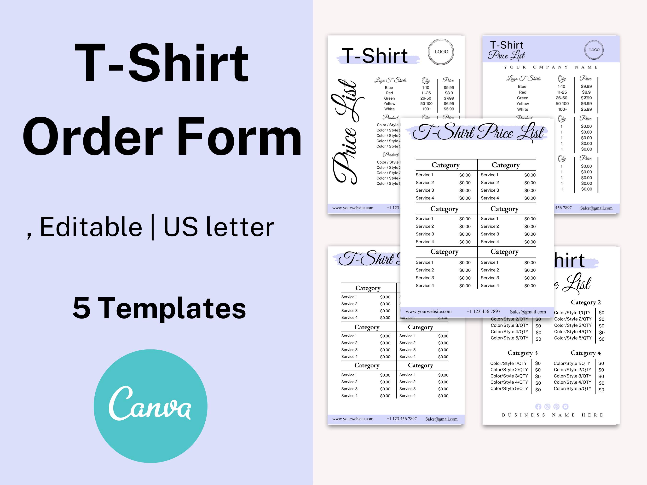 Tshirt PRICE LIST Template Editable, Price Sheet, Price Guide, T SHIRT ...