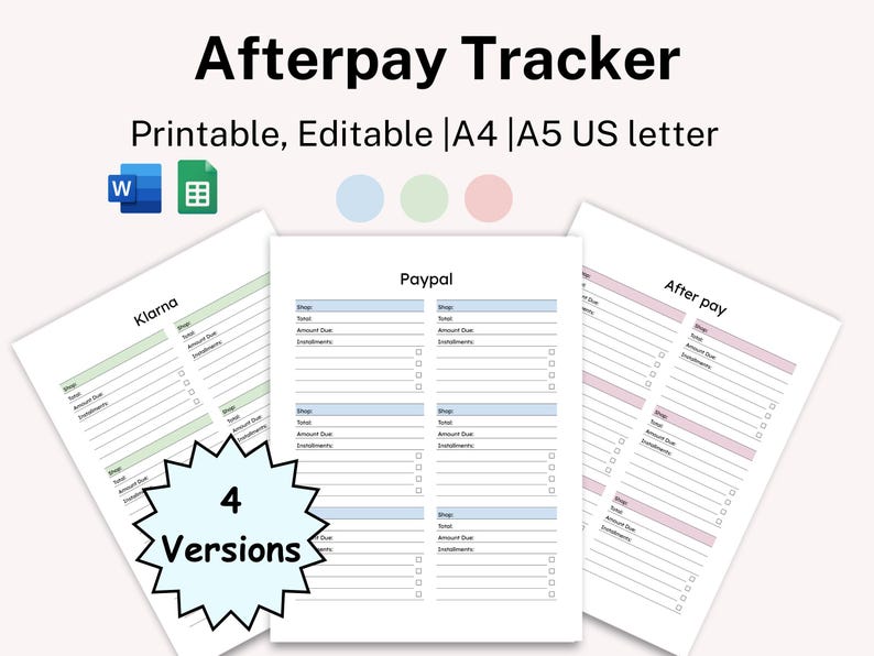Afterpay Tracker Printable, Buy Now Pay Later Tracker, Afterpay Finance ...