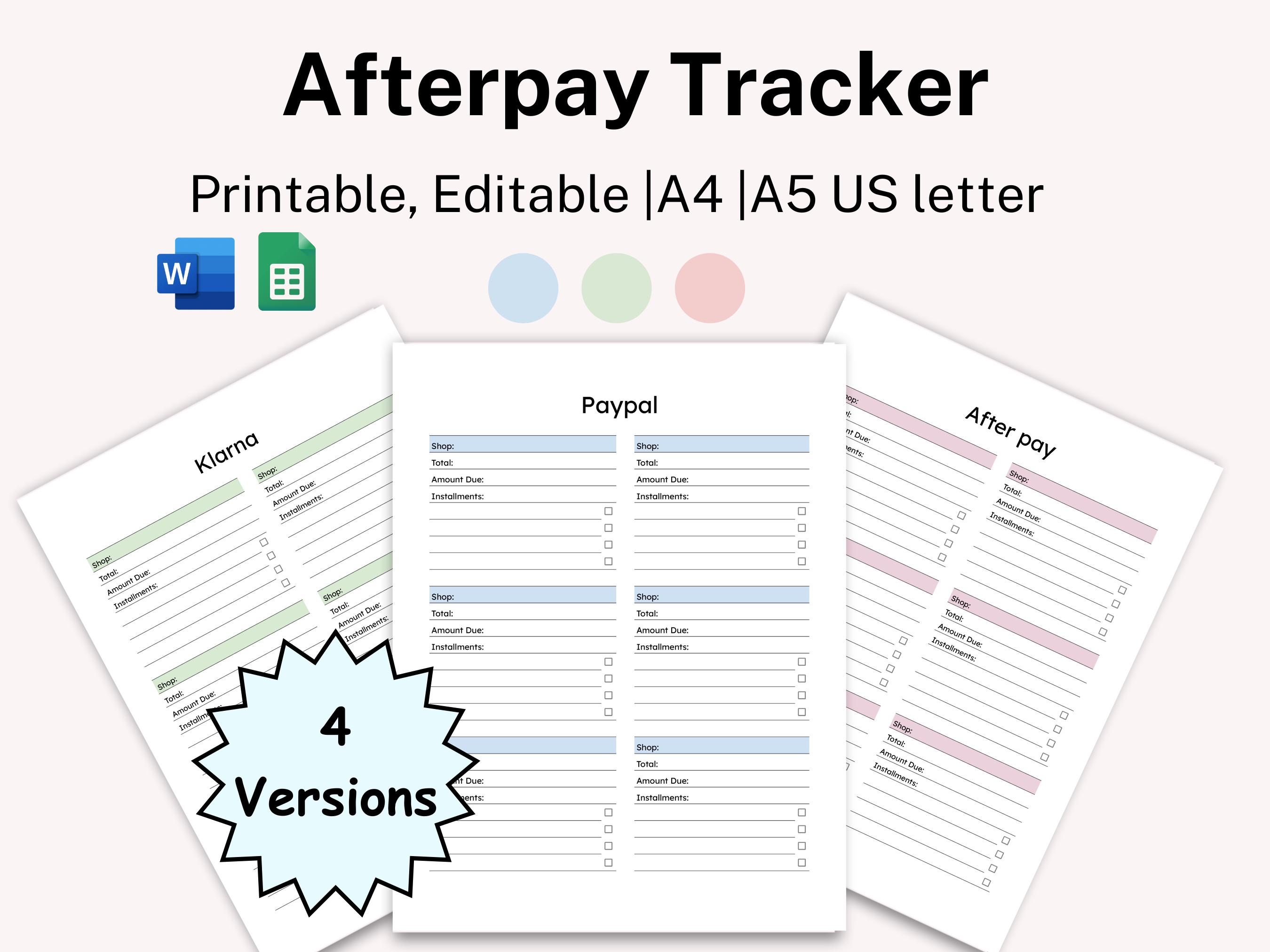 Afterpay Tracker Printable, Buy Now Pay Later Tracker, Afterpay Finance ...