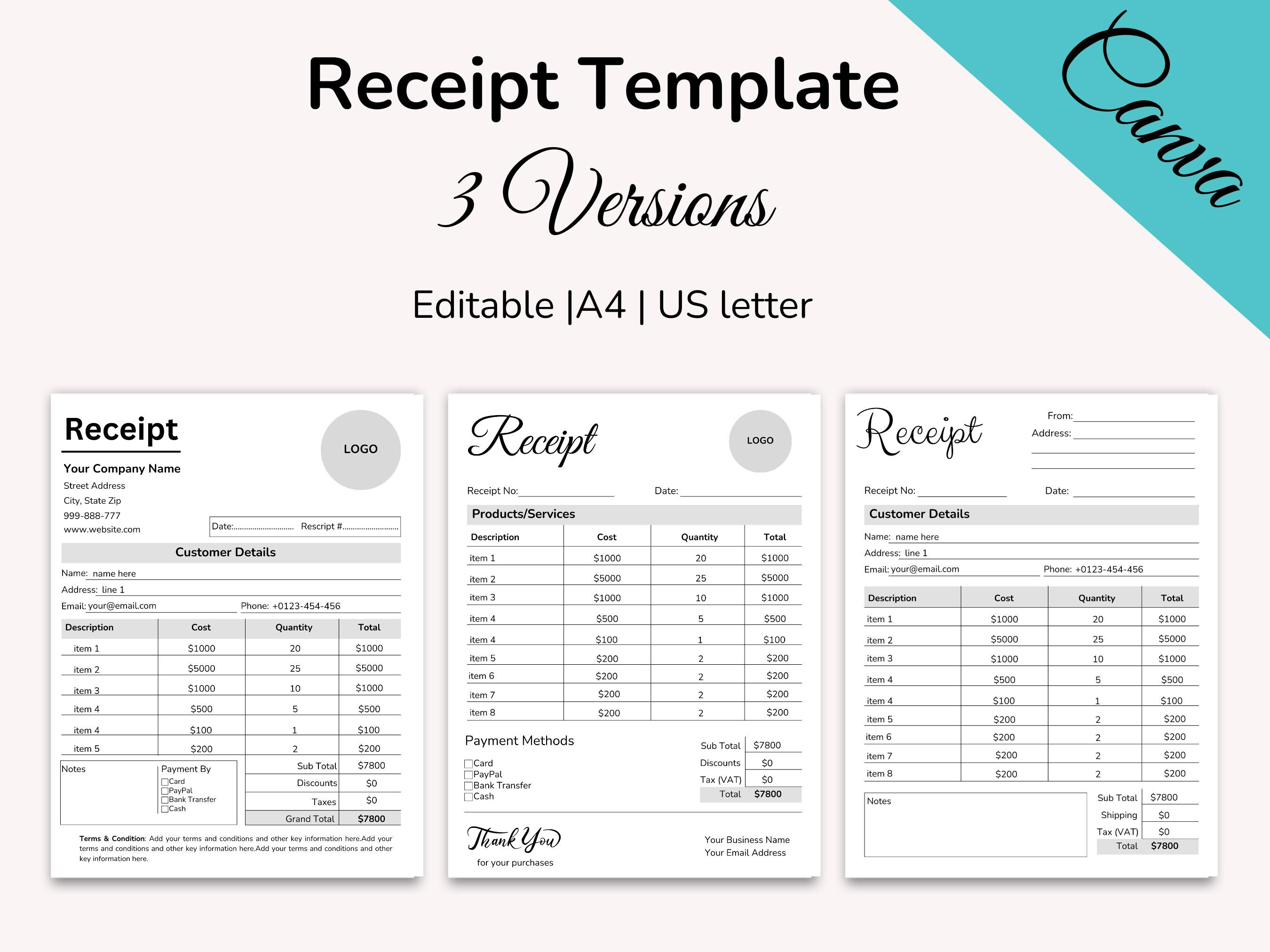 EDITABLE Small Business Sales Receipt Template, Receipt Book PDF, Canva ...