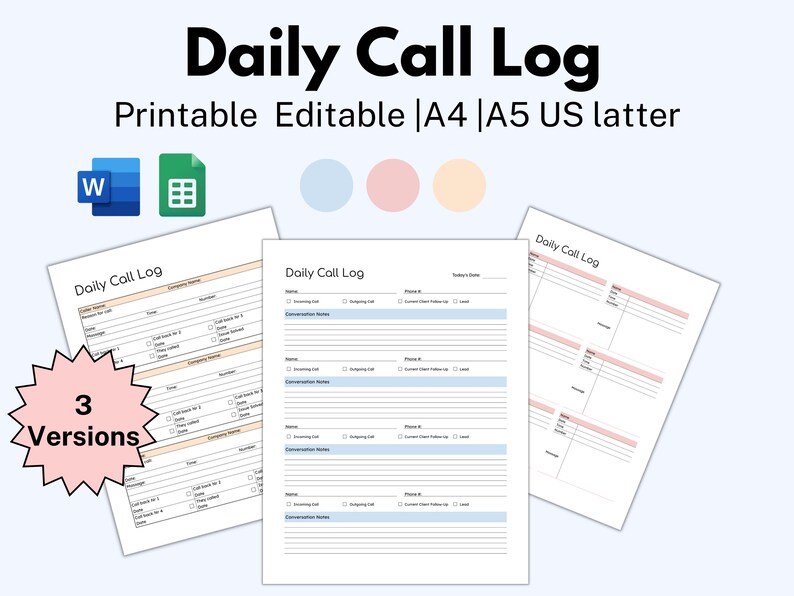 Printable Daily Call Log, Communication Log, Call Back Tracker, Missed ...