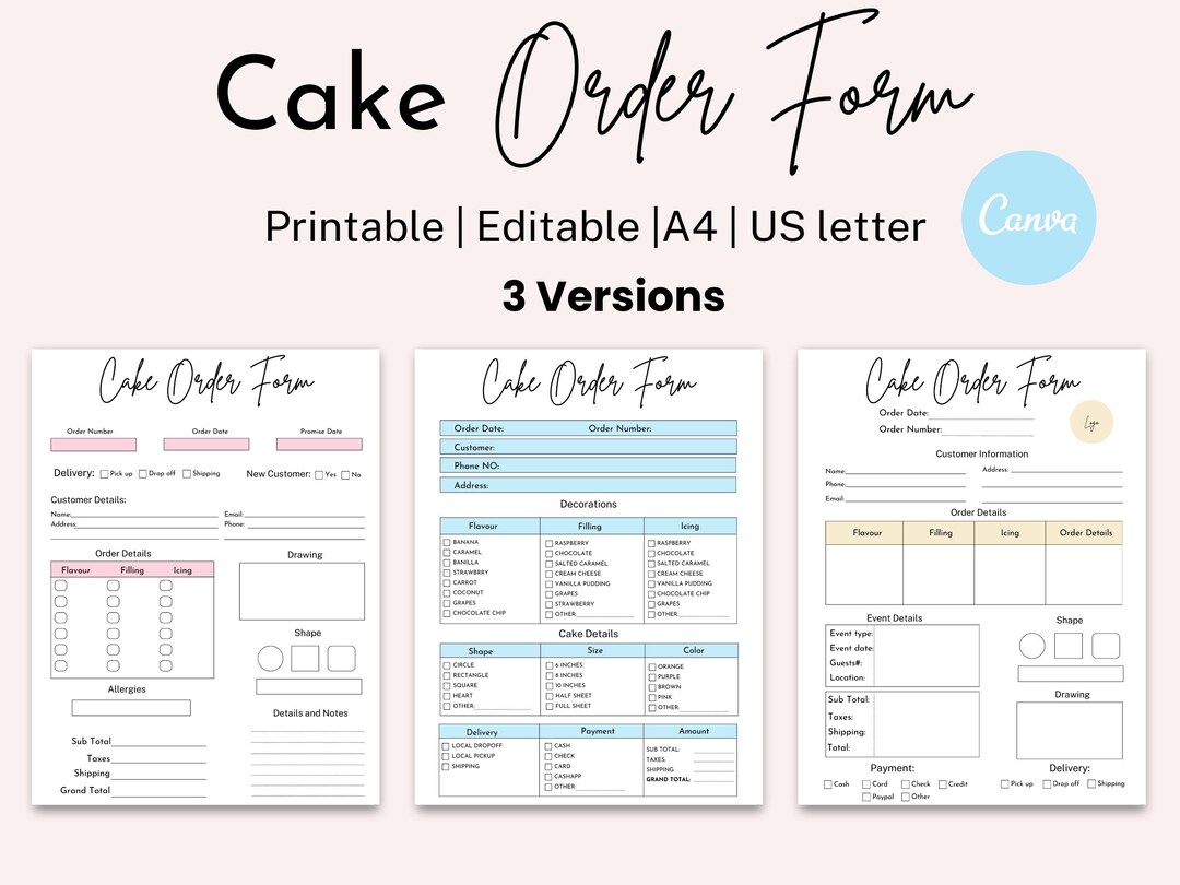 Cake Order Form Template, Editable Bakery Order Forms, Wedding Cake ...