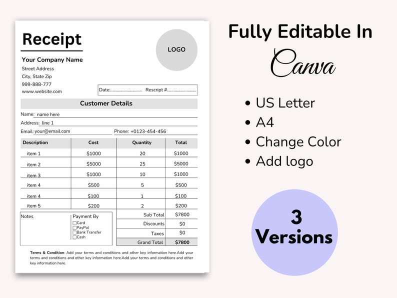 Payment Receipt Template, Small Business Sales Receipt, Editable ...