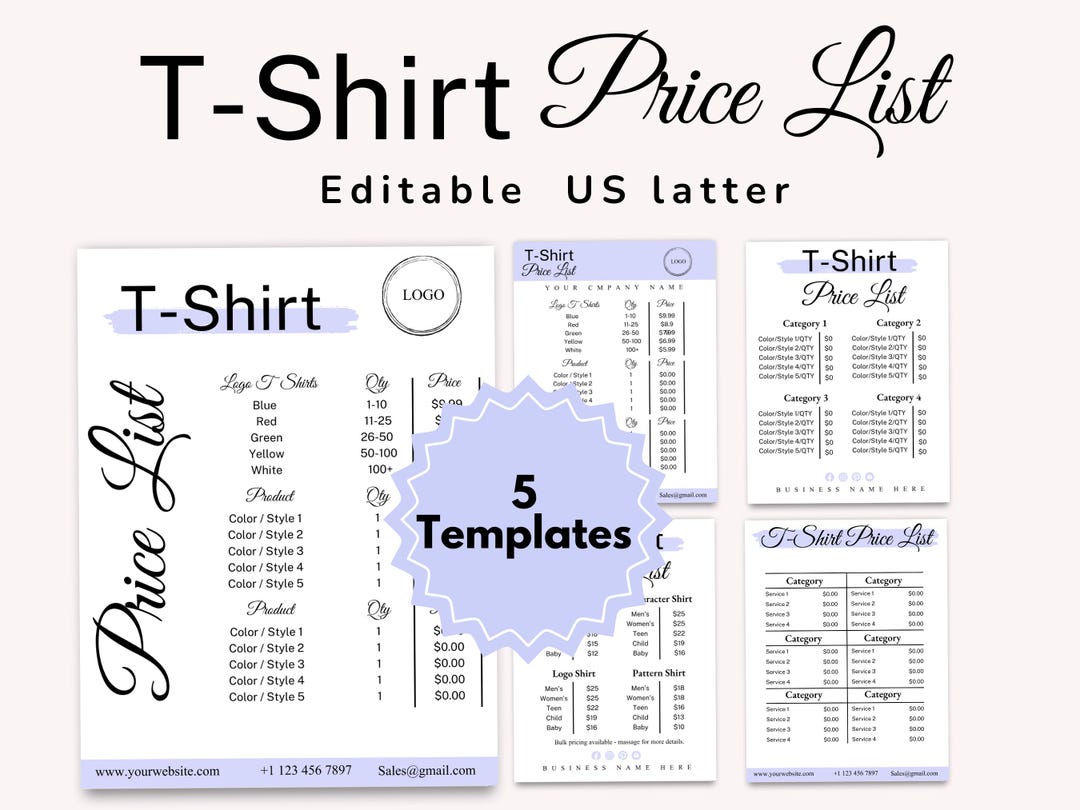 TSHIRT Price List Template, Shirt Order Form, Editable Price Chart ...
