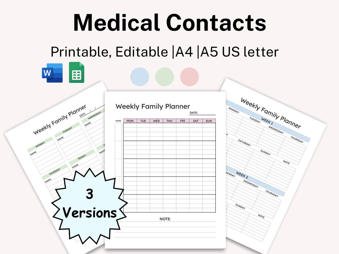 Printable Medical Contacts List, Medical Planner Binder, Emergency ...