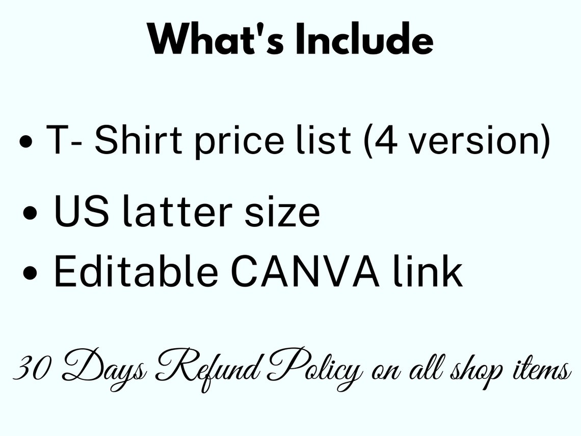 Editable TSHIRT Price List Template, Shirt Order Form, Printable Price ...