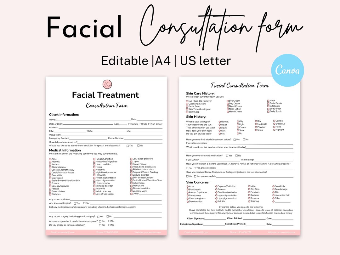 EDITABLE Facial Consultation Form, Facial Intake Form, Facial Treatment ...