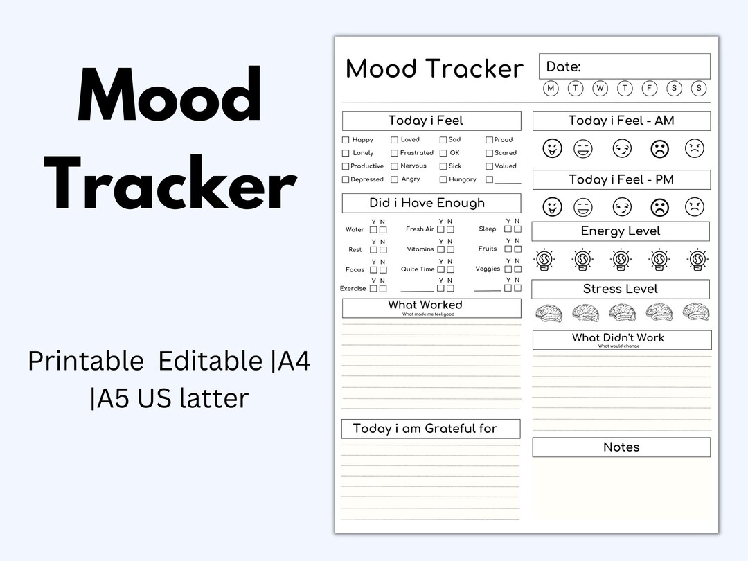 Daily Mood Tracker Journal Template, Daily Mood Tracker Printable ...