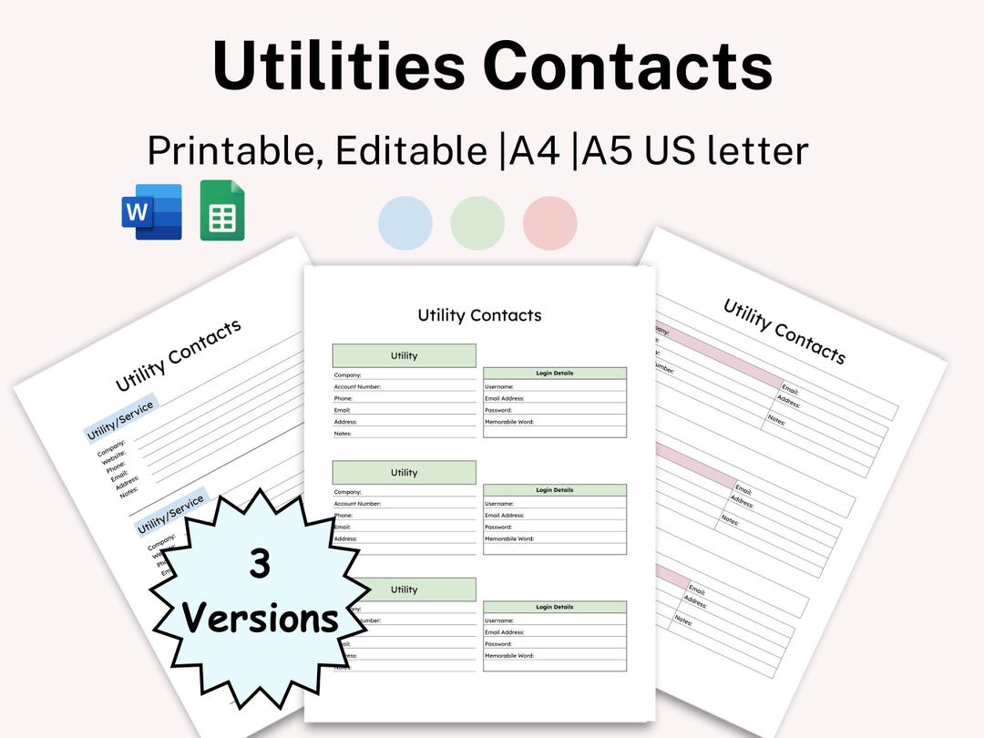 Printable Utility Contacts Template, Utility Service Address Book ...