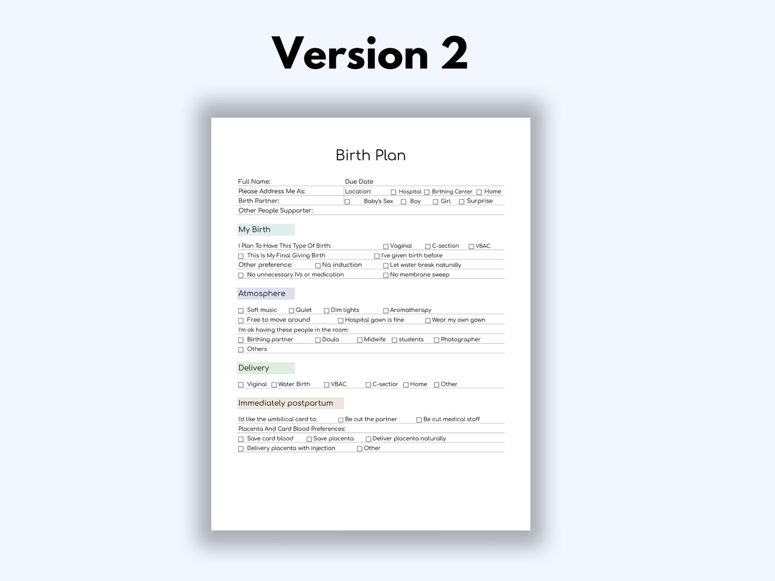 EDITABLE Birth Plan, Printable Birth Plan Template, Birth Preference ...