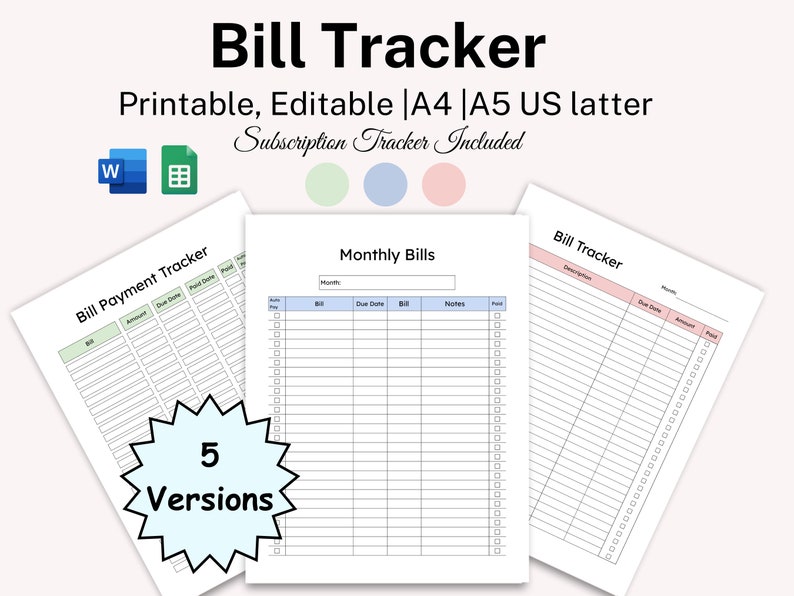 EDITABLE Bill Tracker Planner Printable, Bill Payment Checklist, Bill ...