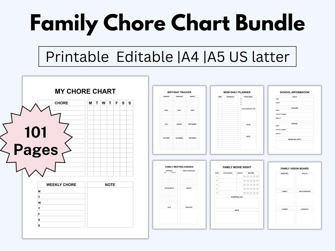 Family Chore Chart Printable, Editable Family Planner, Weekly Family ...