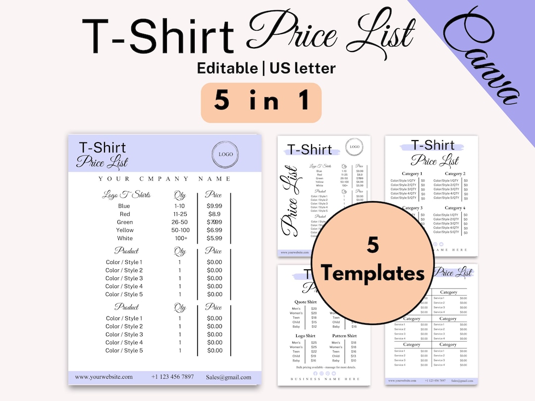 T-shirt Price List Template, Shirt Order Form, Printable Price Chart ...