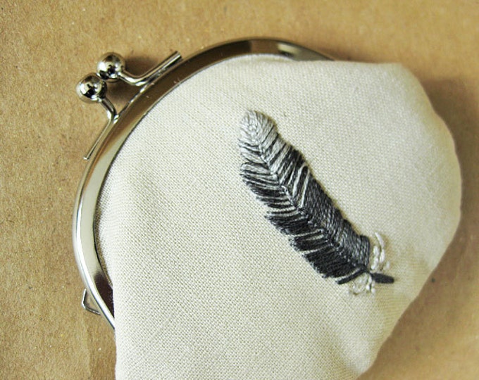 Coin Purse Gray Feather on Ecru - Etsy