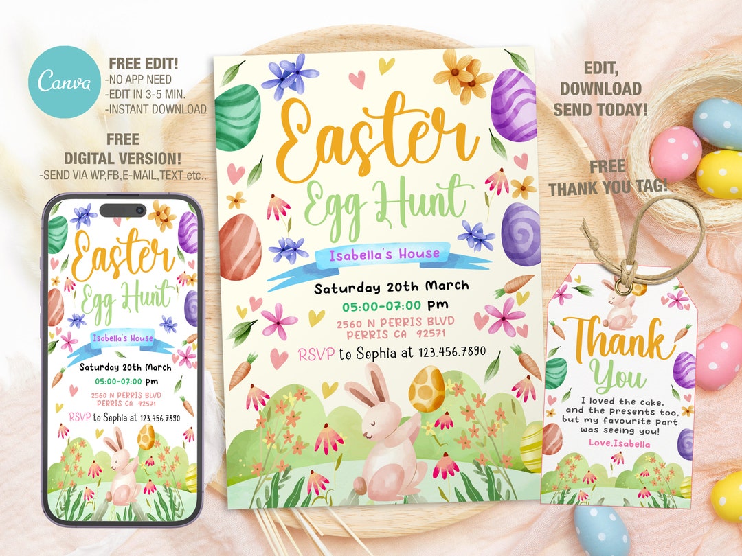 Editable Easter Egg Hunt Invitation Template, Printable Bunny ...
