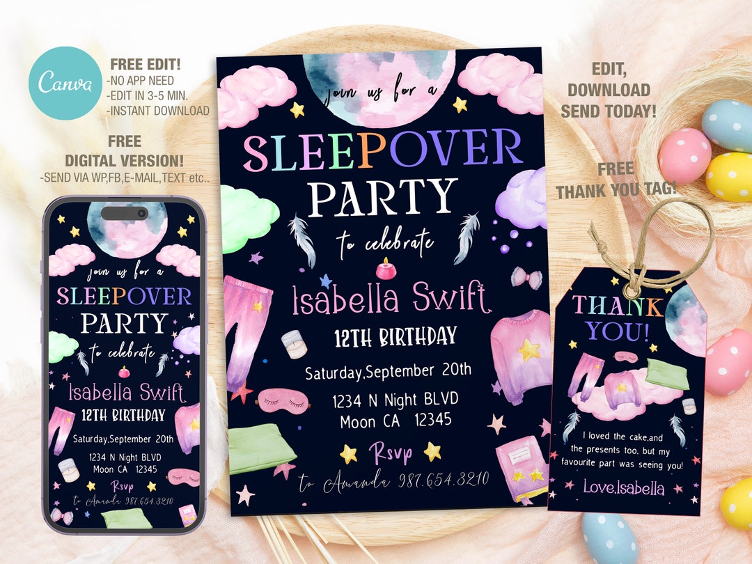 Editable Sleepover Birthday Invitation Template, Printable Slumber ...