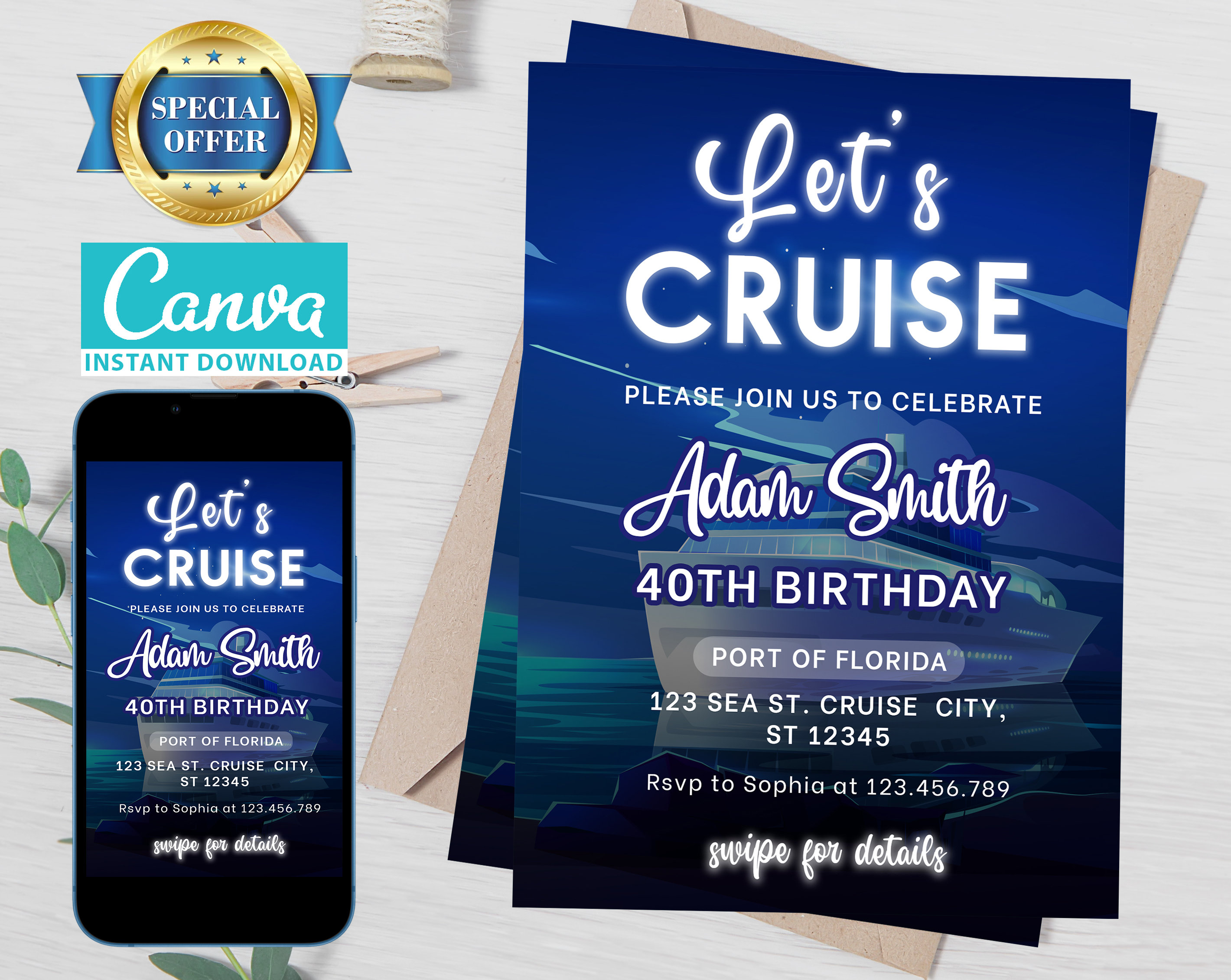 Editable Cruise Birthday Invitation Template, Printable Birthday Party ...