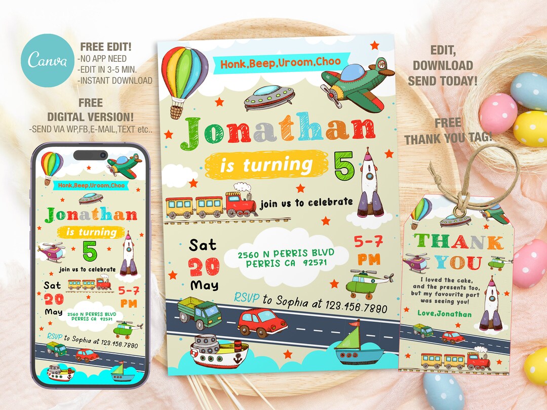 Transportation Birthday Invitation Template, Printable Transportation ...