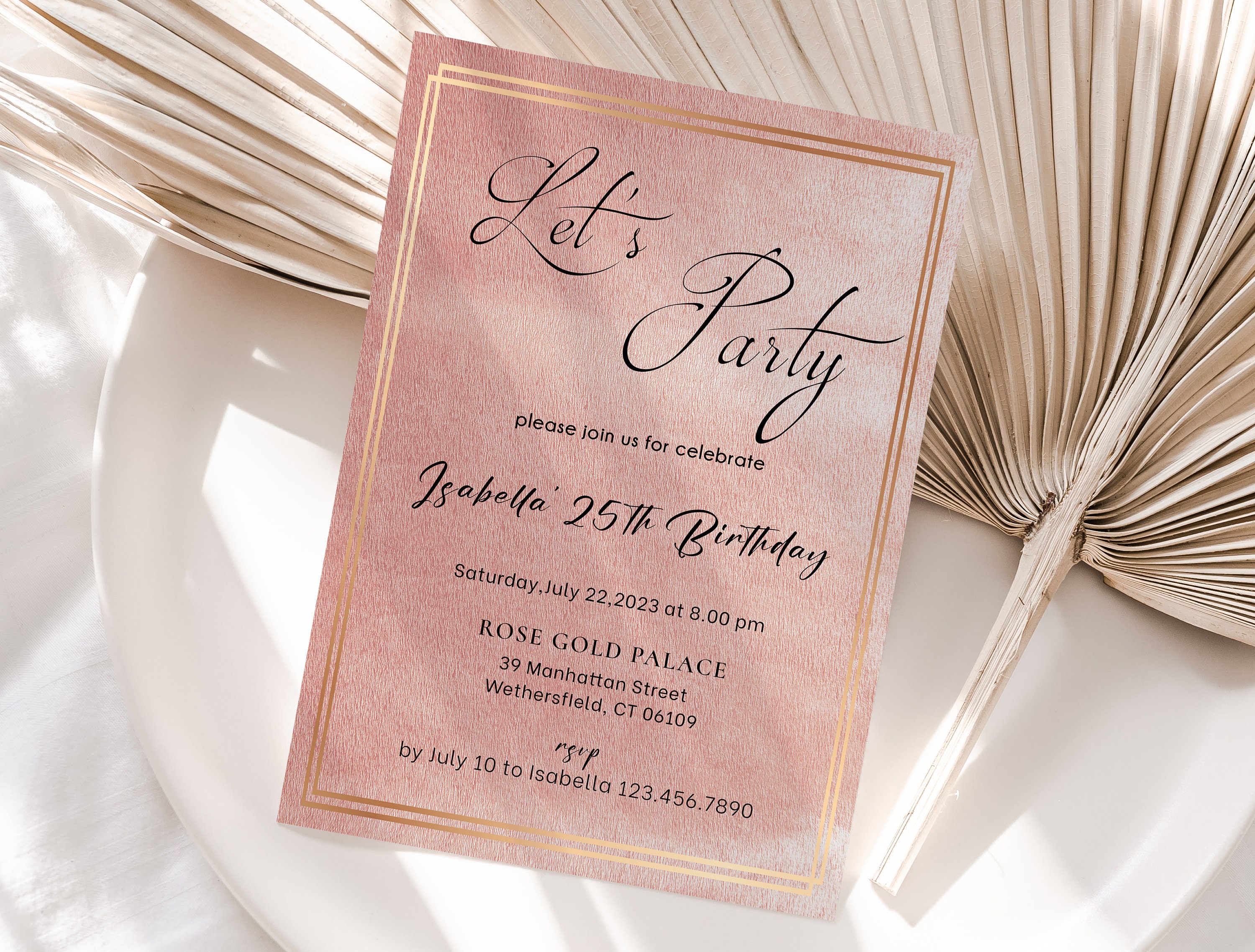 Editable Rose Gold Birthday Invitation Template, Printable Birthday ...