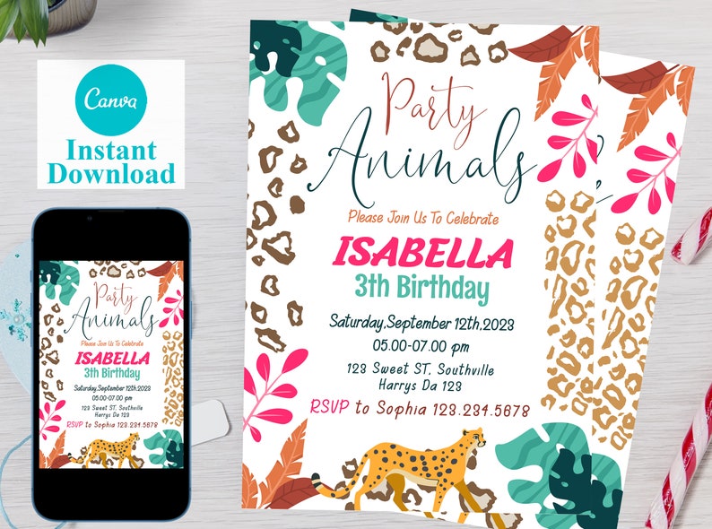 Editable Cheetah Birthday Invitation Template, Cheetah Print Invitation ...