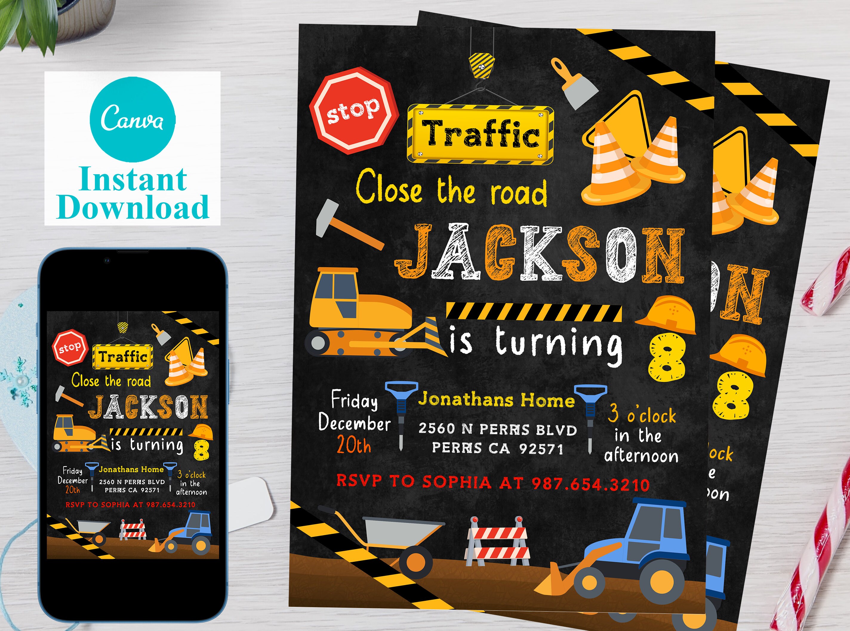 Editable Construction Birthday Invitation Template, Printable Birthday ...