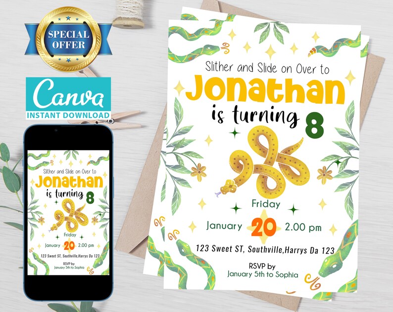Editable Snake Birthday Invitation Template, Printable Birthday Party ...