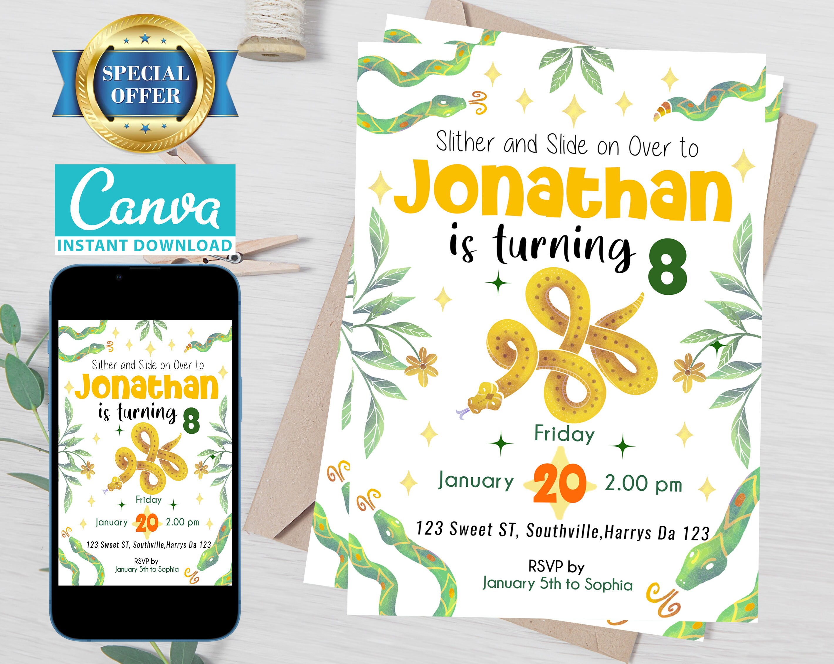 Editable Snake Birthday Invitation Template, Printable Birthday Party ...