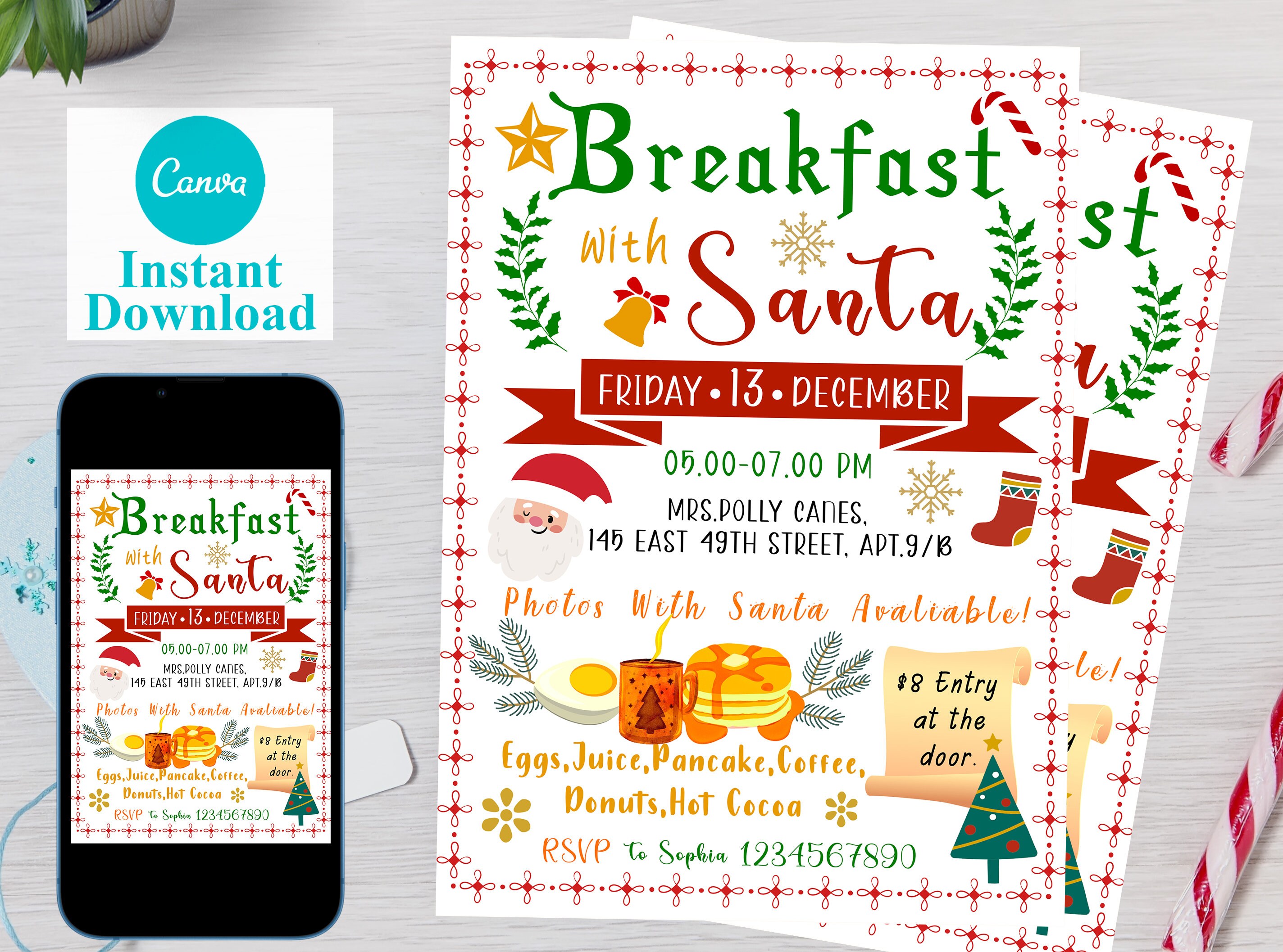 Editable Breakfast With Santa Invitation Template, Printable Party ...