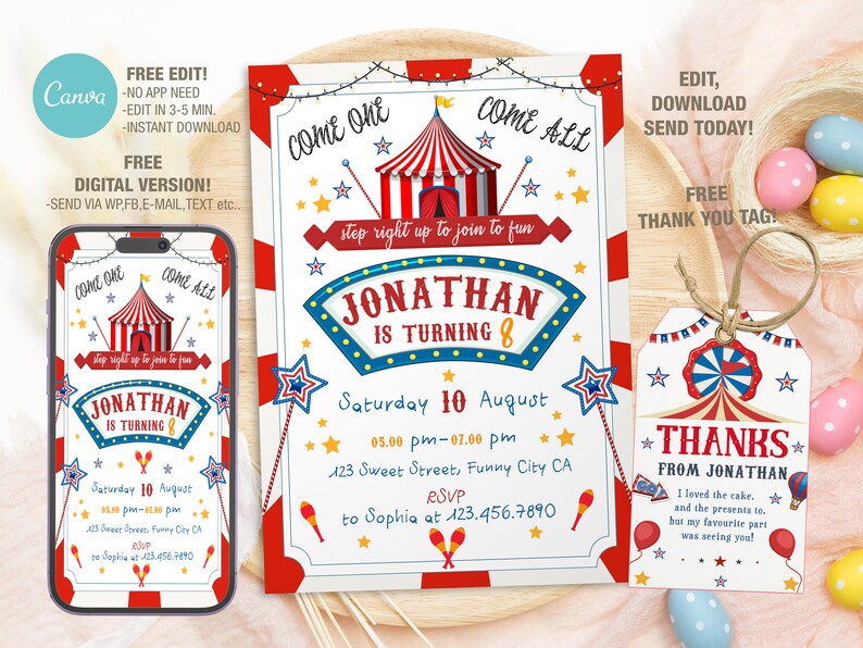 Editable Circus Birthday Invitation Template, Printable Carnival ...