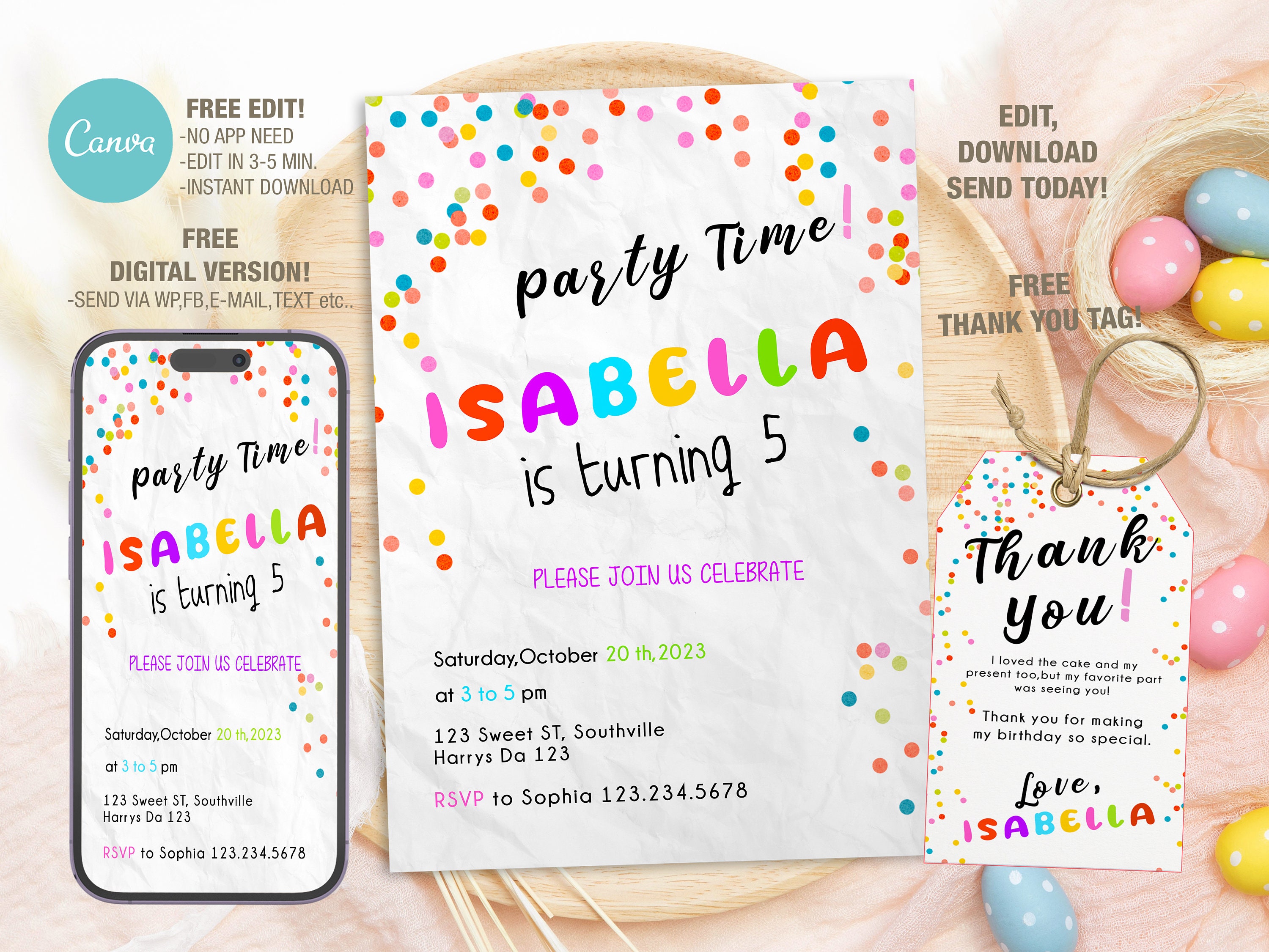 Editable Confetti Birthday Invitation Template, Printable Birthday ...