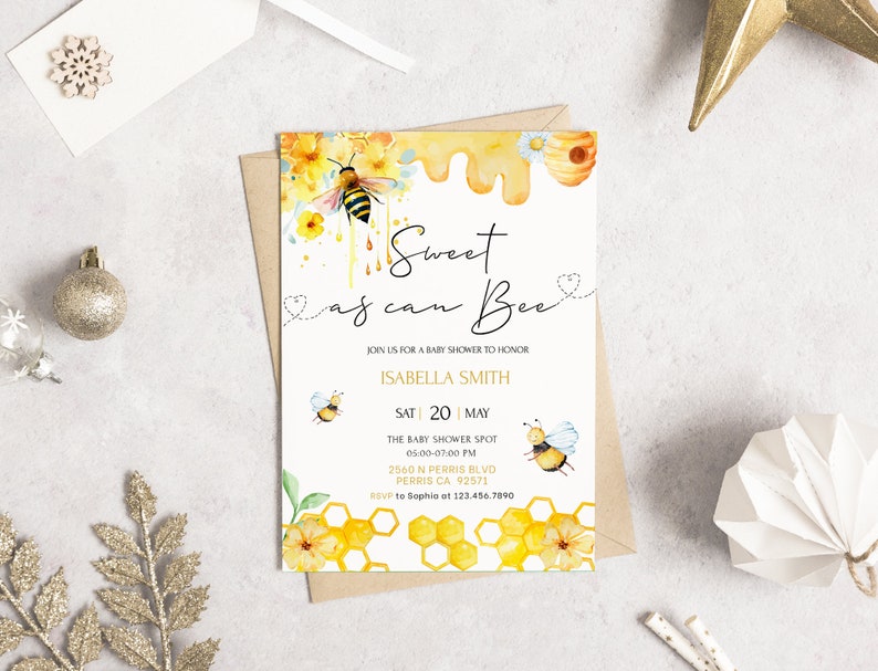 Plantilla editable de invitación a baby shower Sweet As Can Bee ...