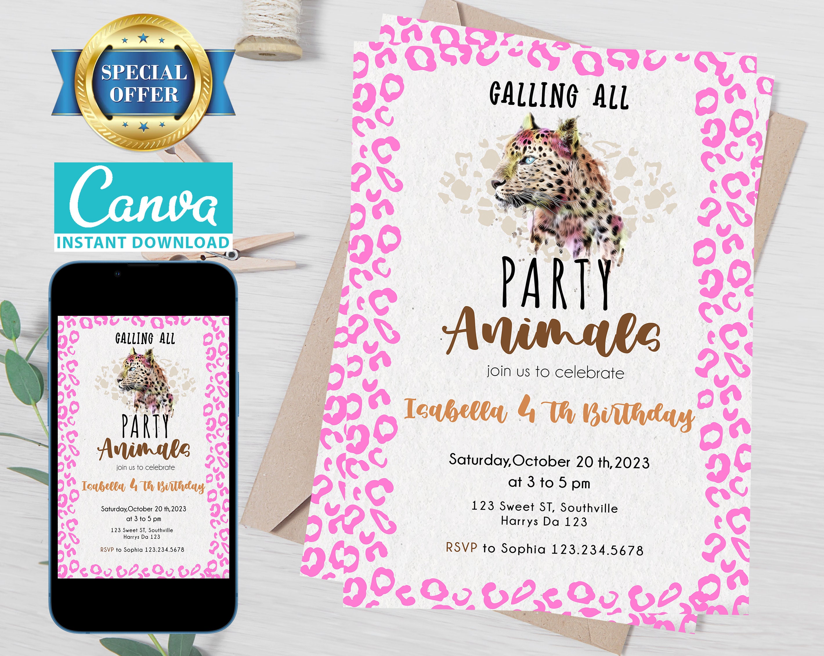 Editable Cheetah Birthday Invitation Template, Cheetah Print Invitation ...