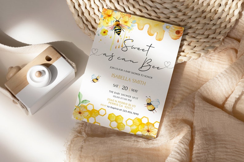 Plantilla editable de invitación a baby shower Sweet As Can Bee ...