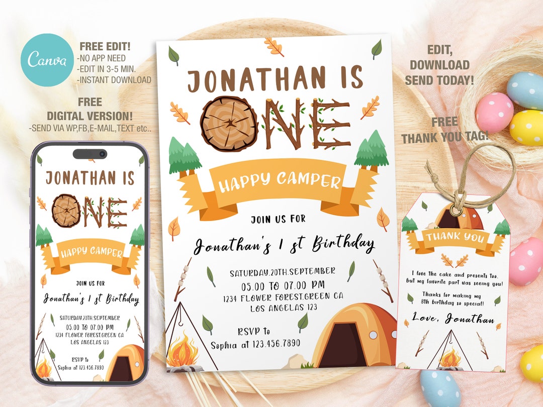 Editable One Happy Camper Birthday Invitation Template, Printable ...