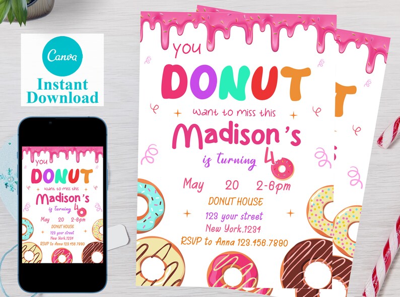 Editable Donut Birthday Invitation Template, Printable Birthday Party ...