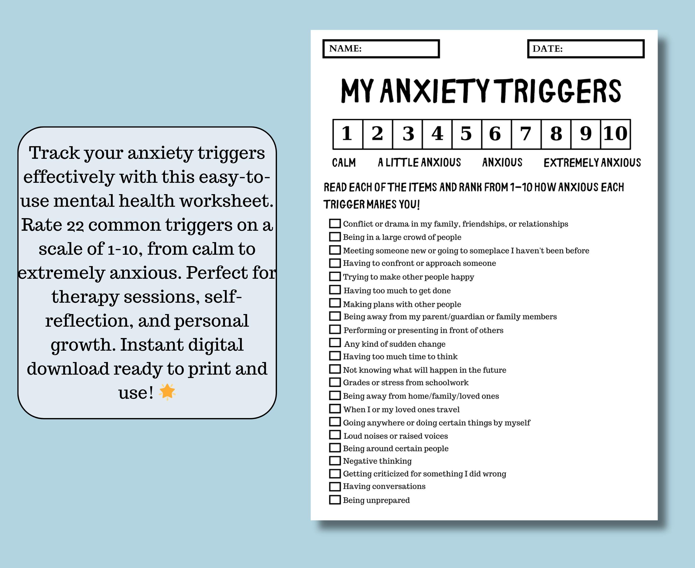 Anxiety Triggers Tracker Mental Health Worksheet Instant Digital ...