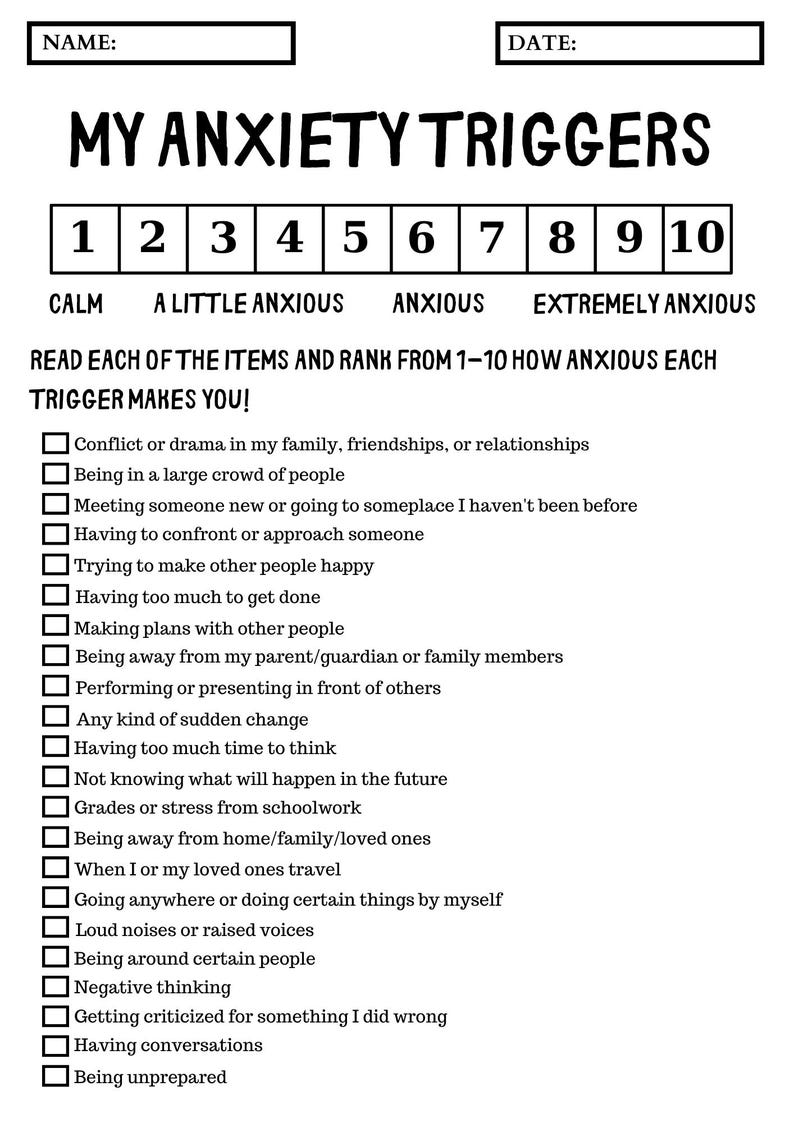 Anxiety Triggers Tracker Mental Health Worksheet Instant Digital ...