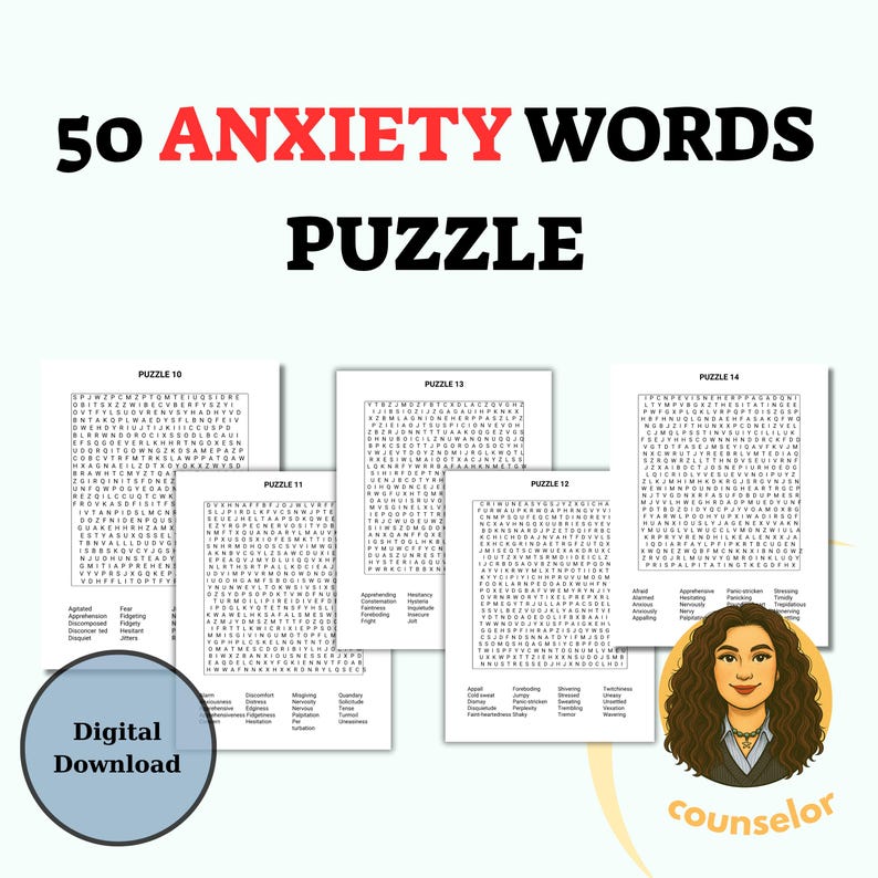 THERAPY Anxiety Word Search Book 50 Word Search Puzzles for Counselors ...