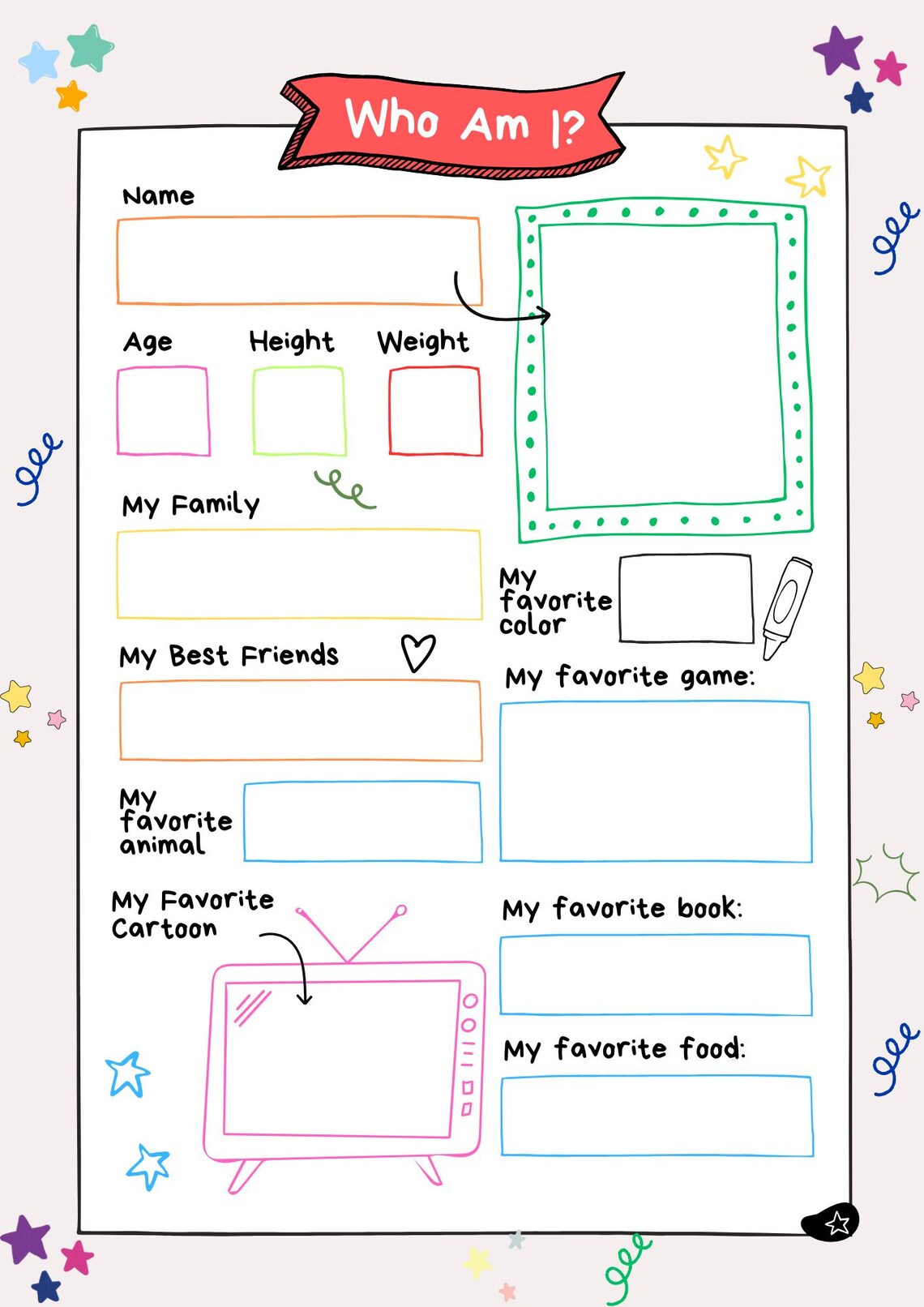 All About Me Printable Kids Template Favorite Things Ice Breaker ...